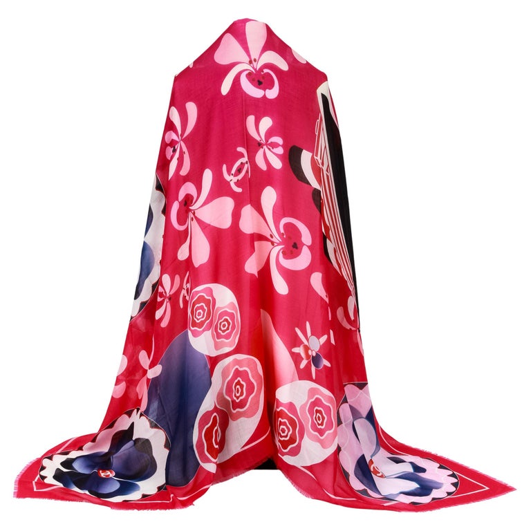 New Chanel Floral Graphic Red Cashmere Shawl Scarf 54" For Sale at 1stDibs