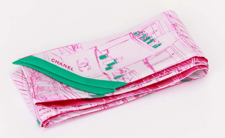 New Chanel Fuchsia Roofs Silk Twilly Scarf For Sale at 1stDibs