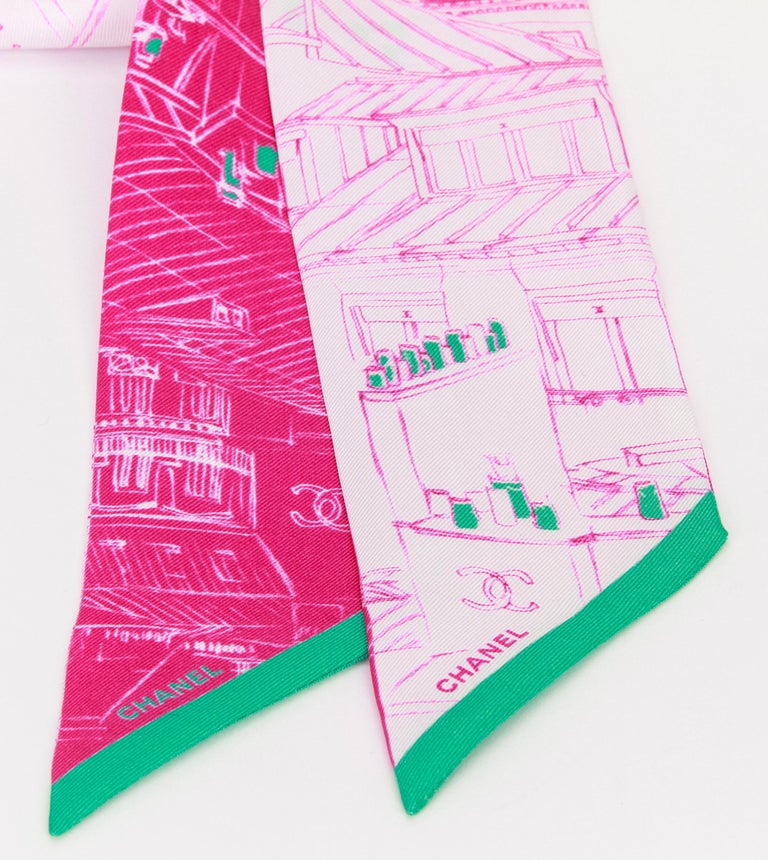 New Chanel Fuchsia Roofs Silk Twilly Scarf For Sale at 1stDibs