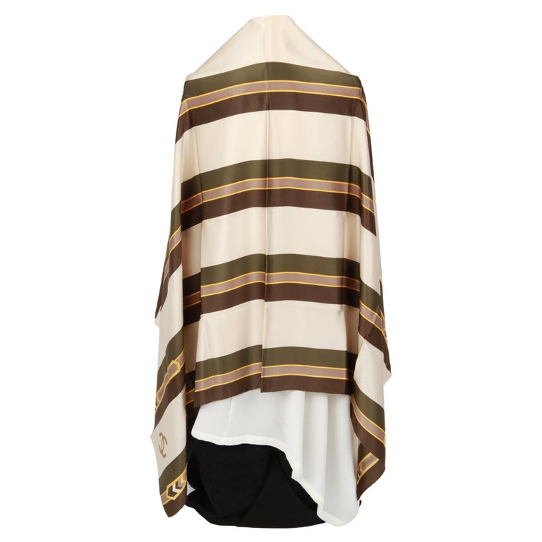 New Chanel Gold Brown Stripe CC Logo Shawl Silk Scarf For Sale at 1stDibs
