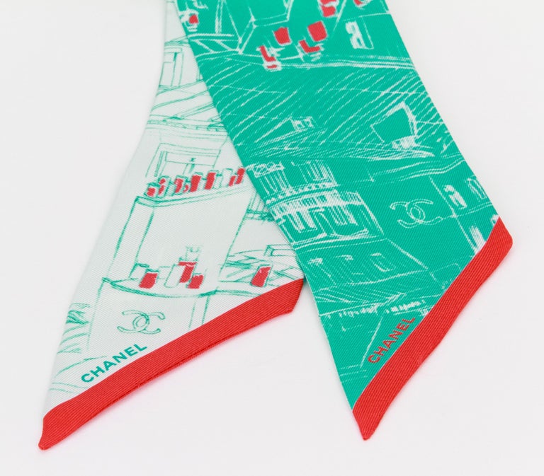 New Chanel Green Roofs Silk Twilly Scarf For Sale at 1stDibs