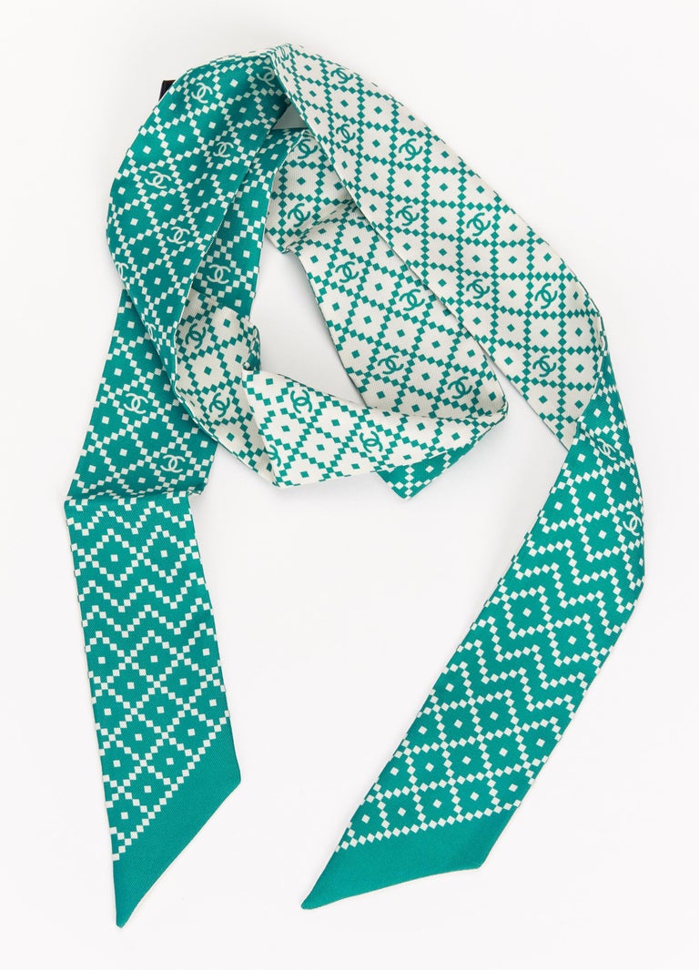 New Chanel Green and White Logo Twilly Scarf For Sale at 1stDibs ...