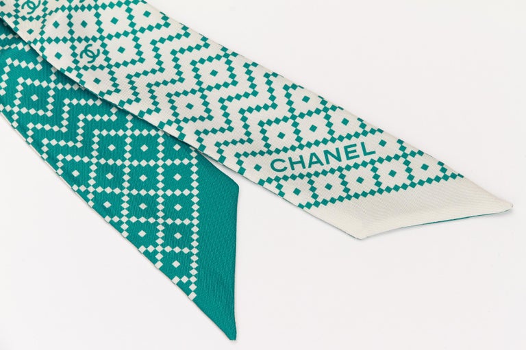 New Chanel Green and White Logo Twilly Scarf For Sale at 1stDibs ...