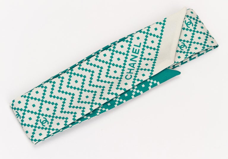 New Chanel Green and White Logo Twilly Scarf For Sale at 1stDibs ...