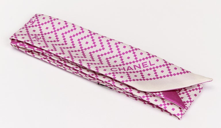New Chanel Raspberry White Logo Scarf For Sale at 1stDibs