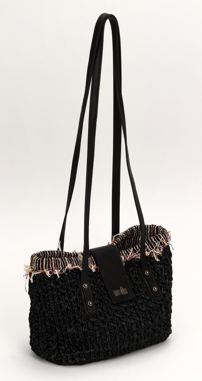 New Chanel Straw Tweed Black Bag For Sale at 1stDibs