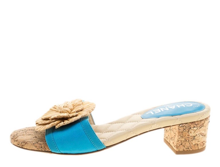 NEW Chanel Turquoise Cork Camellia Straw Details Slide Sandals Heels CC ...