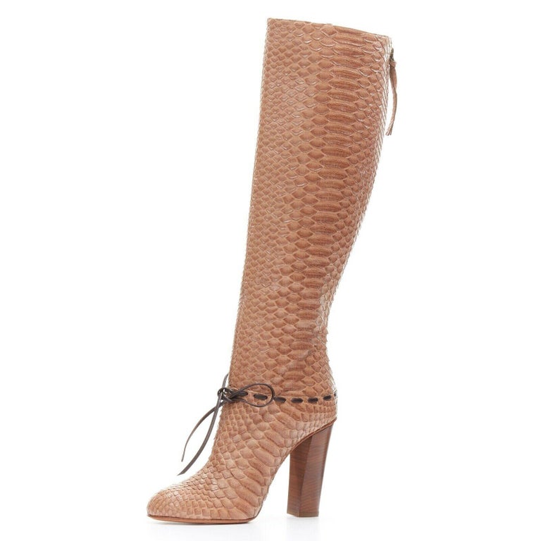 new CHLOE brown scaled python leather overstitch bow round toe tall ...