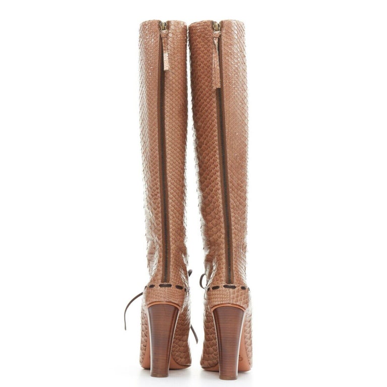 new CHLOE brown scaled python leather overstitch bow round toe tall ...