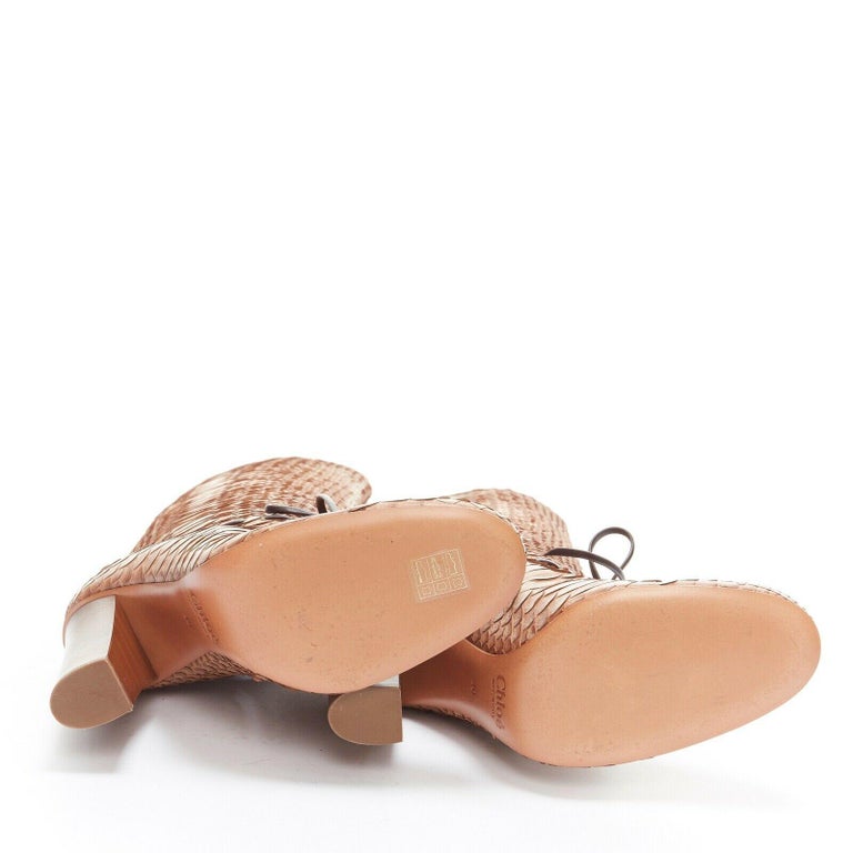 new CHLOE brown scaled python leather overstitch bow round toe tall ...