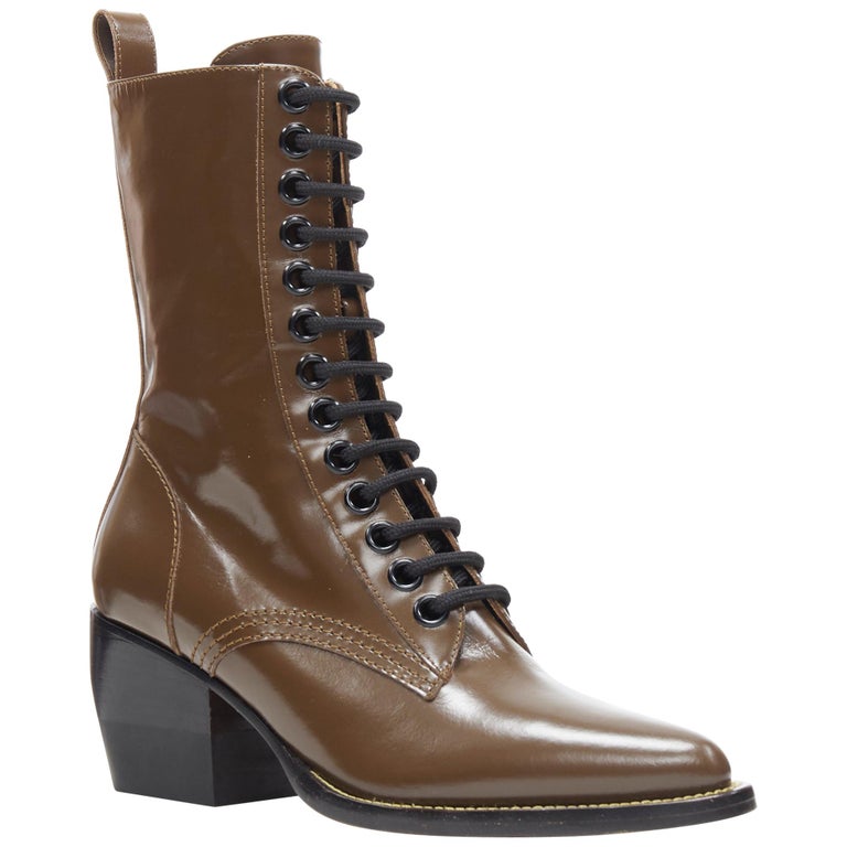 new CHLOE Runway Rylee army green leather lace block heel pointed toe boot EU41 at 1stDibs