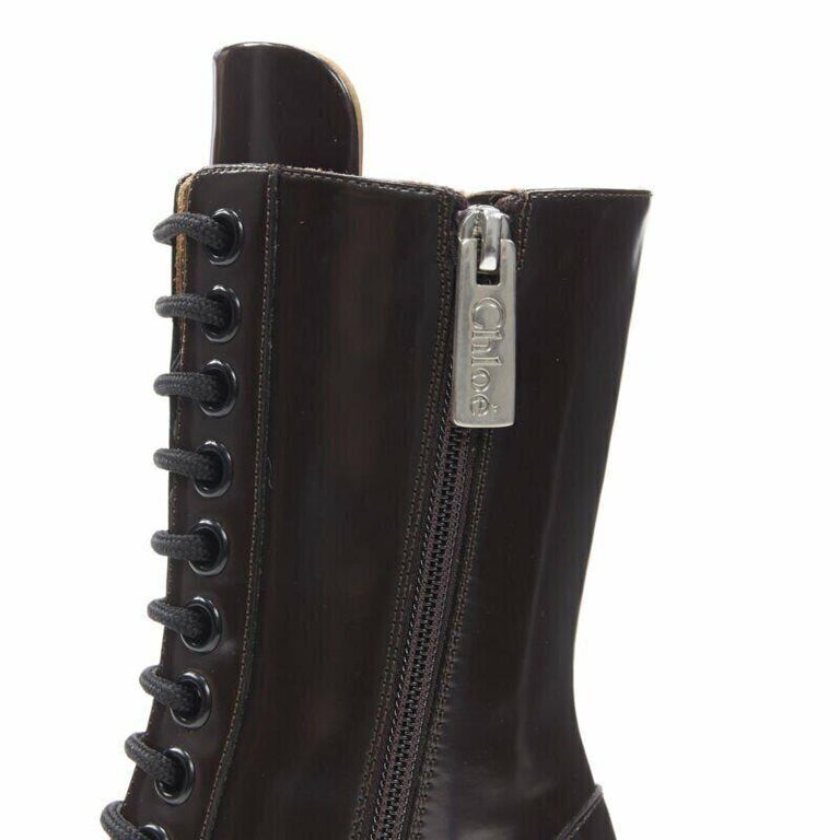 new CHLOE Runway Rylee brown glossy leather block heel heel rubber boot EU37.5 For Sale at 1stDibs