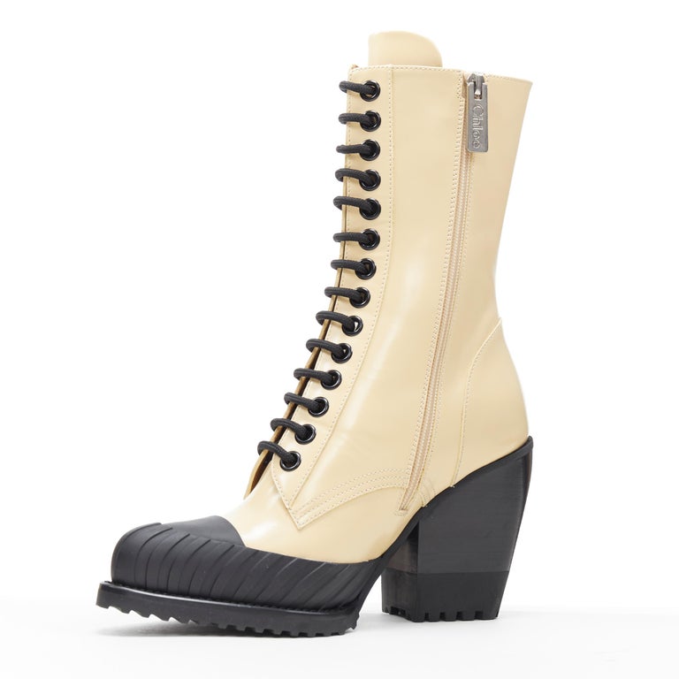 new CHLOE Runway Rylee cream brown leather block heel heel rubber toe boot EU38 at 1stDibs