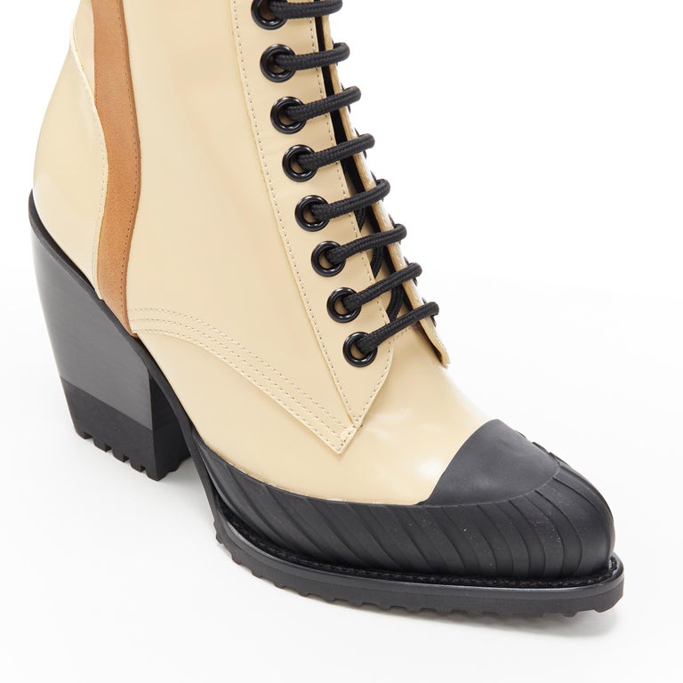 new CHLOE Runway Rylee cream brown leather block heel heel rubber toe boot EU38 at 1stDibs