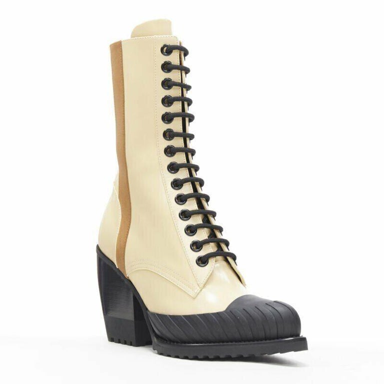 new CHLOE Runway Rylee cream brown leather block heel heel rubber toe boot EU41 For Sale at 1stDibs
