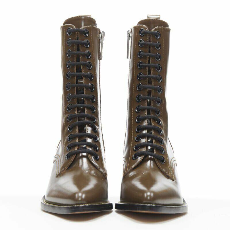 new CHLOE Rylee army green leather block heel pointy boot EU36.5 US6.5 For Sale at 1stDibs