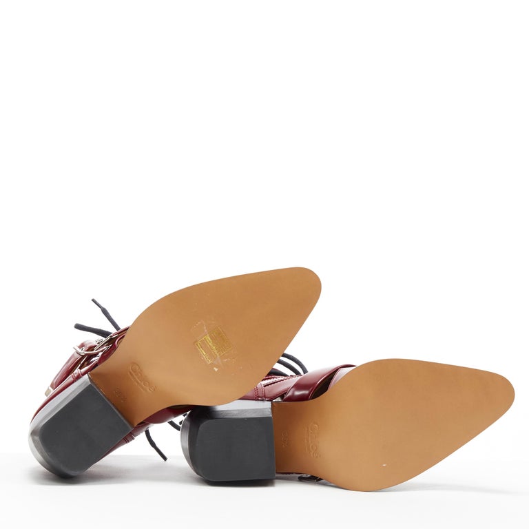 new CHLOE Rylee burgundy red leather cut out buckled pointy ankle boot ...