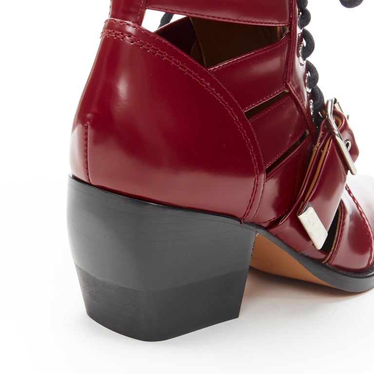 new CHLOE Rylee burgundy red leather cut out buckled pointy ankle boot ...