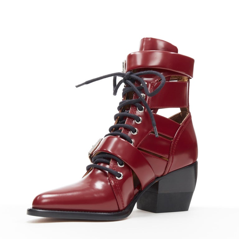 new CHLOE Rylee burgundy red leather cut out buckled pointy ankle boot ...