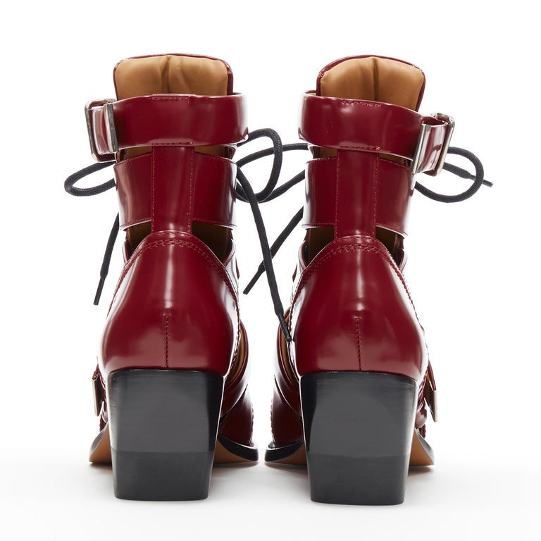new CHLOE Rylee burgundy red leather cut out buckled pointy ankle boot ...