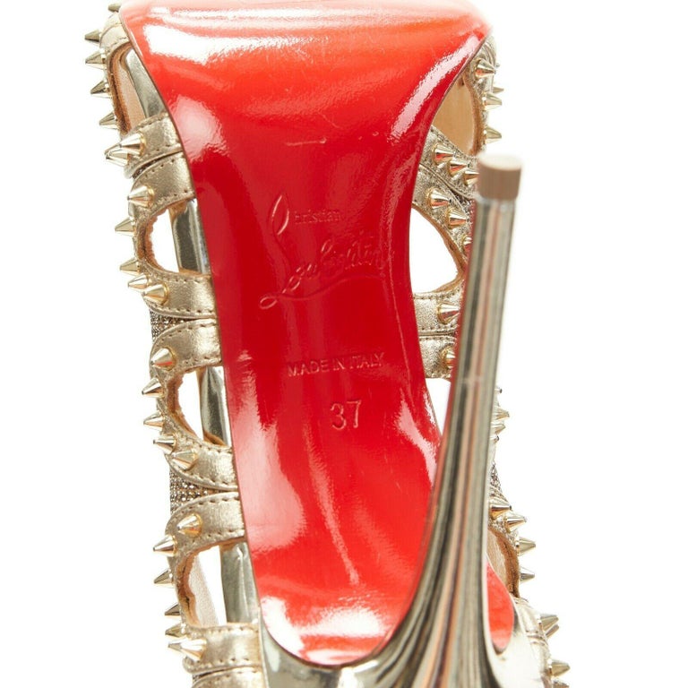 New Christian Louboutin Circus City Gold Glitter Spike Cut Out Peep Toe