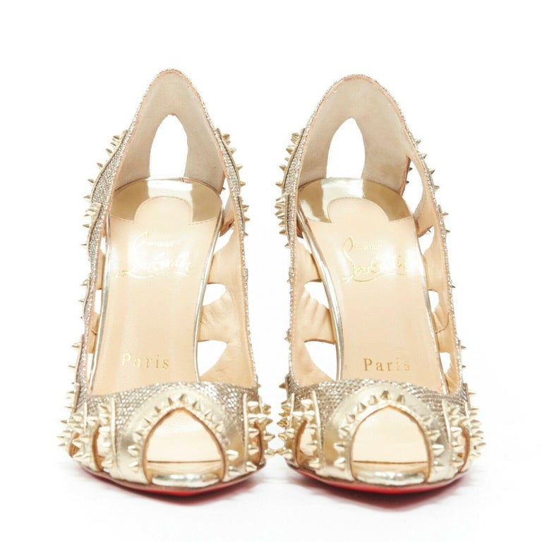 new CHRISTIAN LOUBOUTIN Circus City gold glitter spike cut out peep toe ...