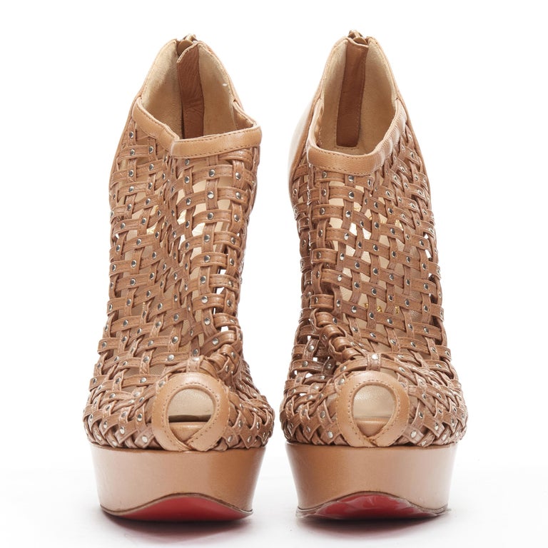new CHRISTIAN LOUBOUTIN Kasha 150 brown lattice studded platform bootie ...