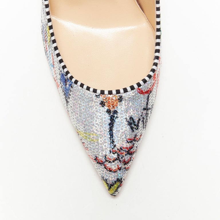 new CHRISTIAN LOUBOUTIN Kate 100 Paillette Lou silver scribble sequins ...