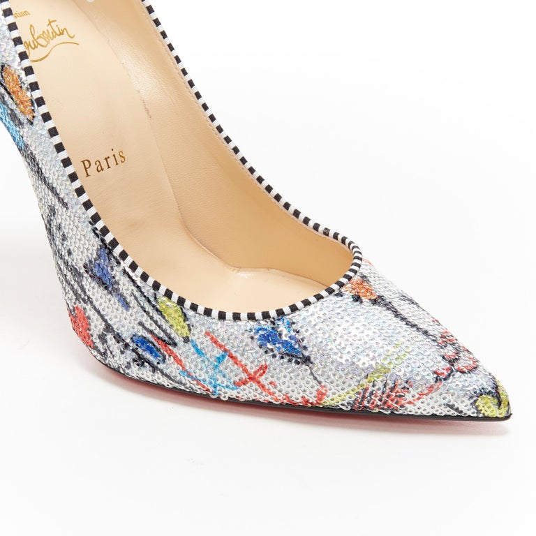 new CHRISTIAN LOUBOUTIN Kate 100 Paillette Lou silver scribble sequins ...