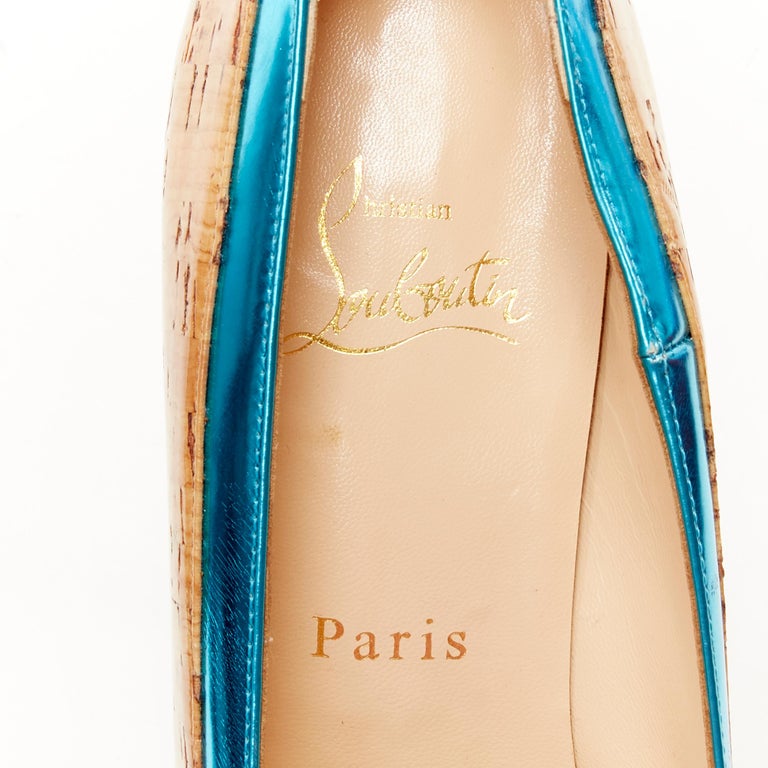 new CHRISTIAN LOUBOUTIN lacquered brown cork blue strass spike platform ...