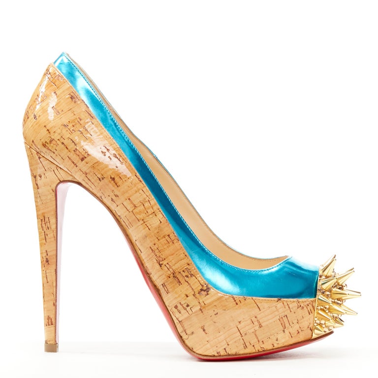 CHRISTIAN LOUBOUTIN plateforme laquée marron liège bleu strass à ...