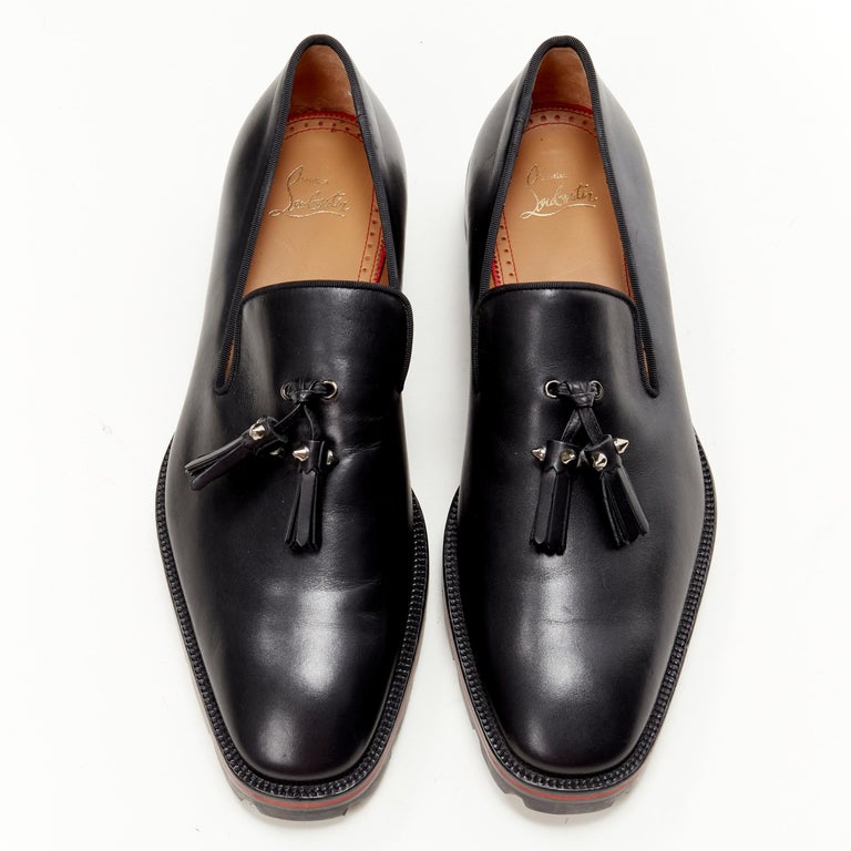 new CHRISTIAN LOUBOUTIN Luglion black leather stud tassel lug sole loafer EU42.5 For Sale at 1stDibs