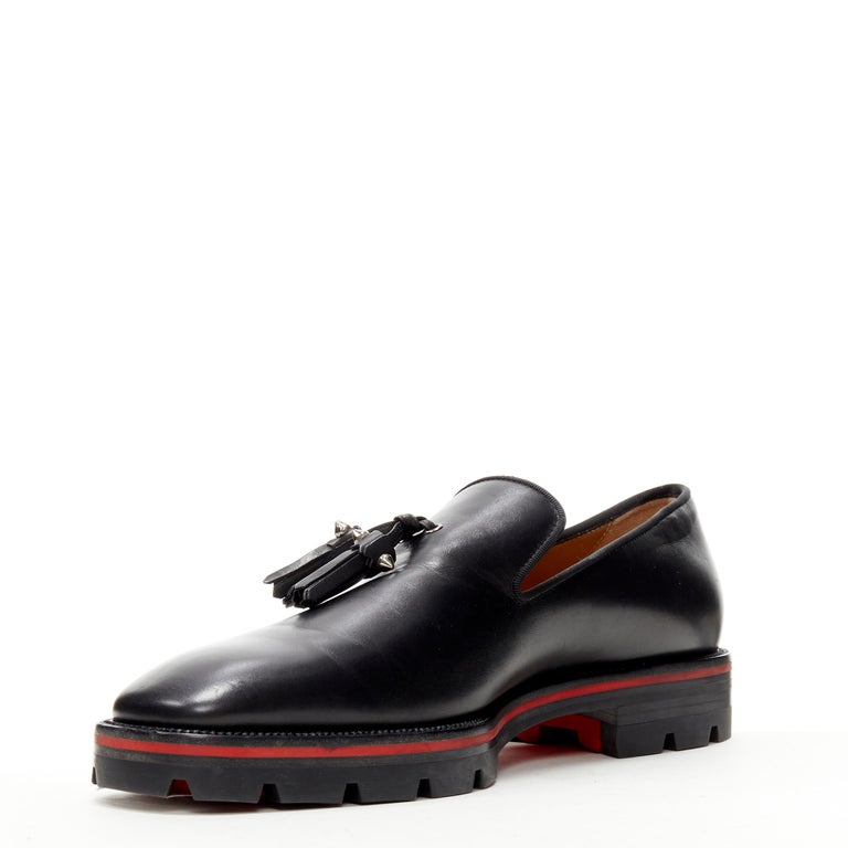 new CHRISTIAN LOUBOUTIN Luglion black leather stud tassel lug sole loafer EU42.5 For Sale at 1stDibs
