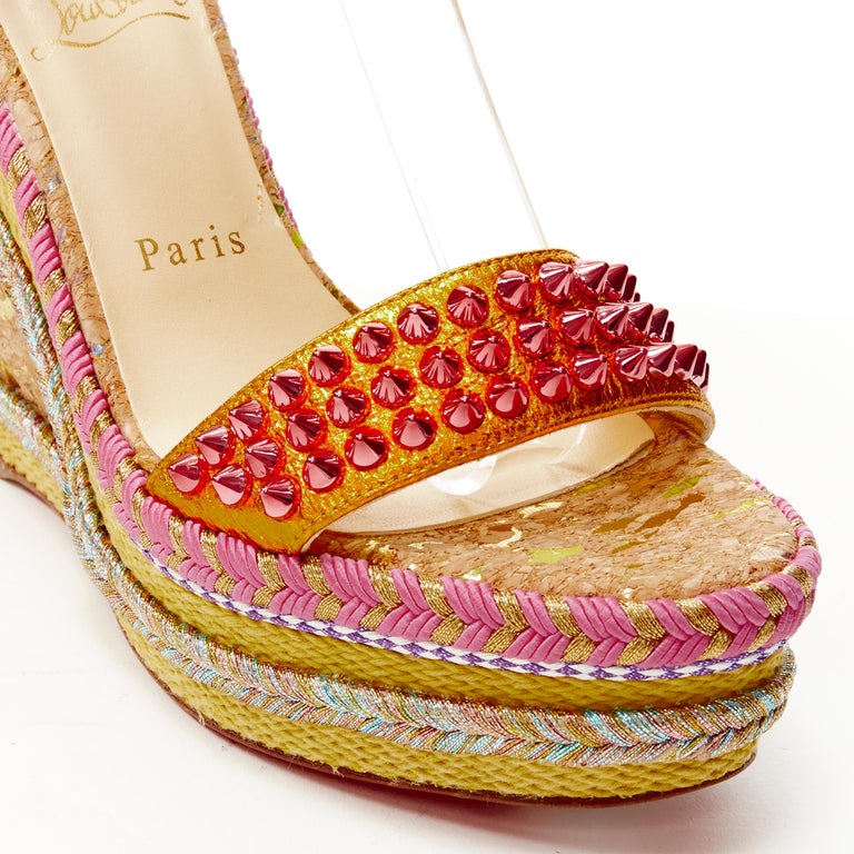 new CHRISTIAN LOUBOUTIN Madmonica 120 gold pink studded cork wedge heel ...
