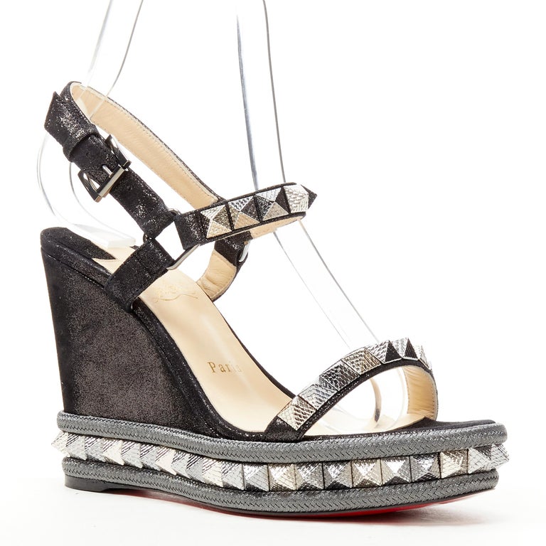 new CHRISTIAN LOUBOUTIN Pyraclou 110 black lame studded platform wedge ...