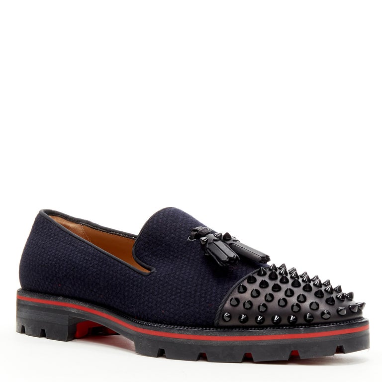 new CHRISTIAN LOUBOUTIN Rossini Flat navy tweed spike toe tassel lug ...