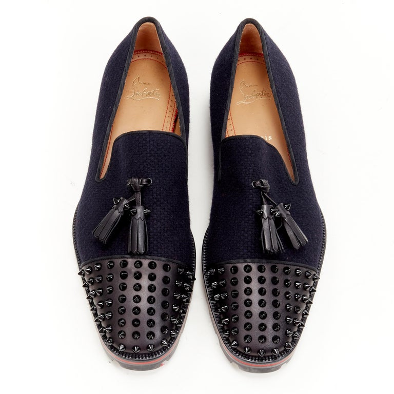 new CHRISTIAN LOUBOUTIN Rossini Flat navy tweed studed toe tassel ...