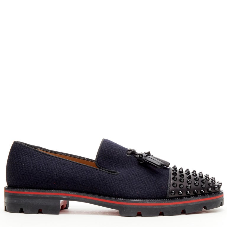 new CHRISTIAN LOUBOUTIN Rossini Flat navy tweed studed toe tassel ...