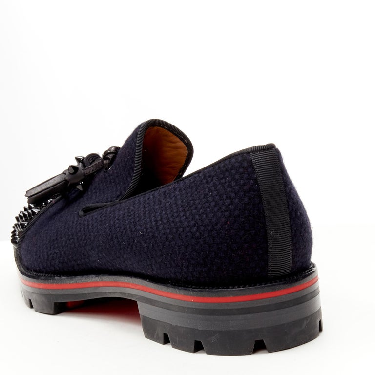 new CHRISTIAN LOUBOUTIN Rossini Flat navy tweed studed toe tassel ...