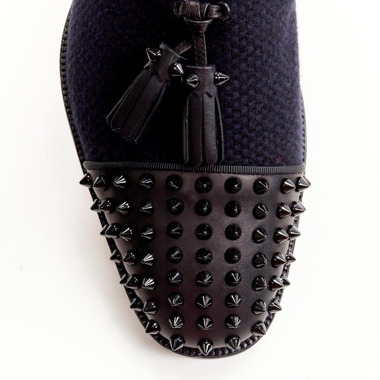 new CHRISTIAN LOUBOUTIN Rossini Flat navy tweed studed toe tassel ...