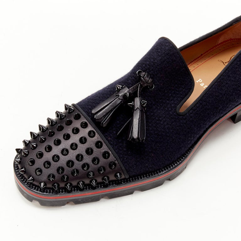 new CHRISTIAN LOUBOUTIN Rossini Flat navy tweed studed toe tassel ...