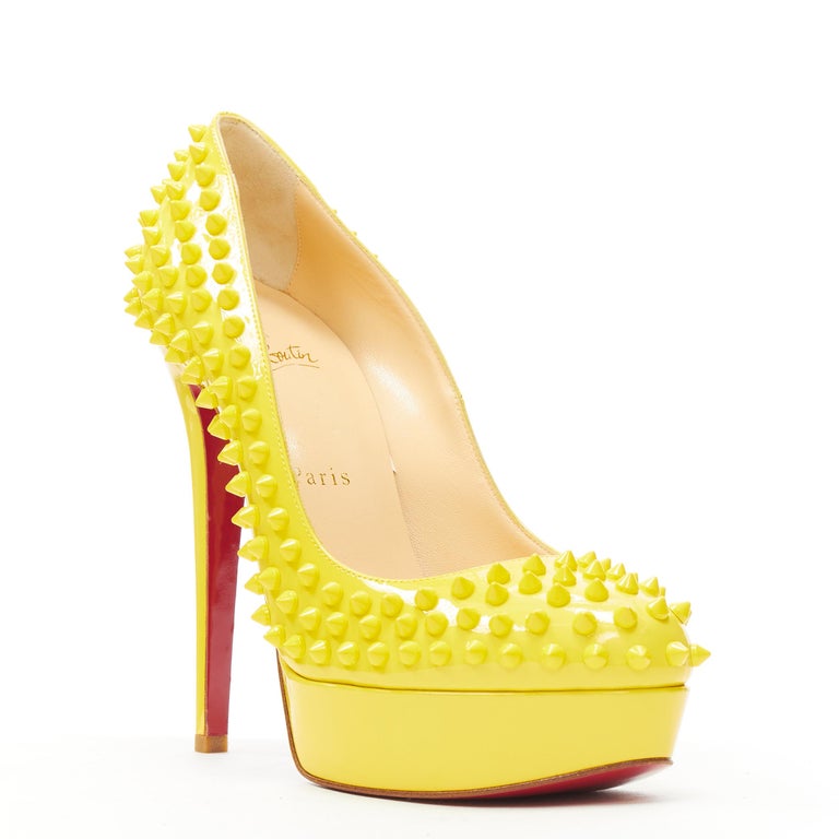 new CHRISTIAN LOUBOUTIN yellow patent tonal spike stud platform pump ...