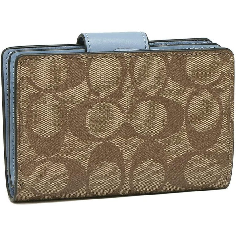 NEW Coach Brown Blue Medium Corner Zip Monogram Signature Canvas Bifold ...
