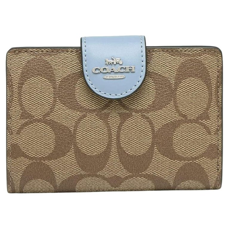 NEW Coach Brown Blue Medium Corner Zip Monogram Signature Canvas Bifold ...