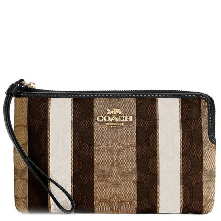 NEW Coach Brown Large Corner Zip Stipe Signature Jacquard Wristlet ...