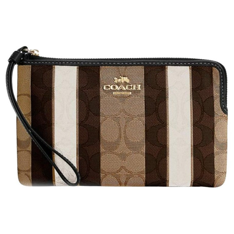 NEW Coach Brown Large Corner Zip Stipe Signature Jacquard Wristlet ...