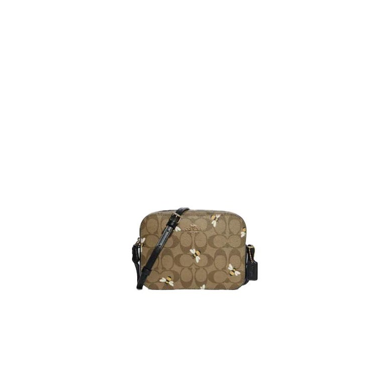 NEW Coach Brown Mini Bee Print Monogram Signature Canvas Camera ...