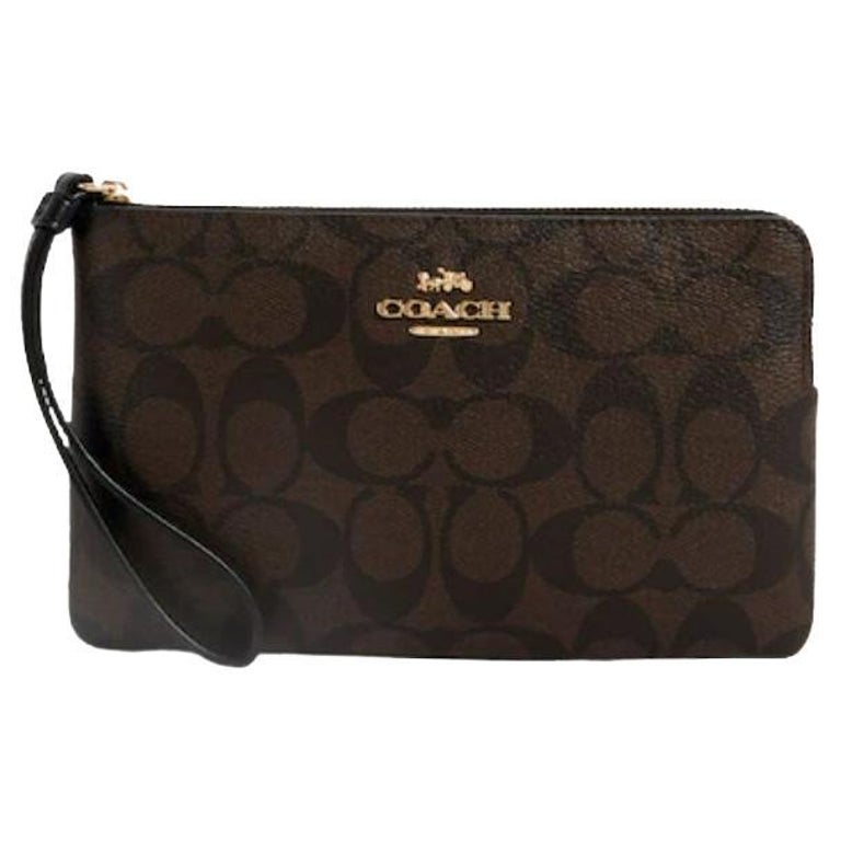 NEW Coach Dark Brown Large Corner Zip Monogram Canvas Wristlet Clutch ...