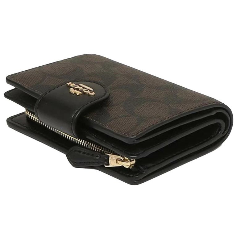 NEW Coach Dark Brown Medium Corner Zip Monogram Signature Canvas Bifold ...