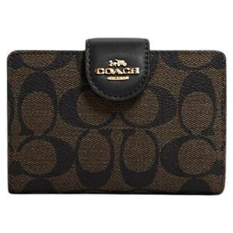 NEW Coach Dark Brown Medium Corner Zip Monogram Signature Canvas Bifold ...